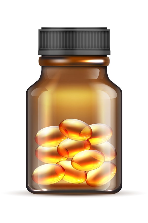 Realistic brown glass bottle with fish oil, omega 3 vitamin