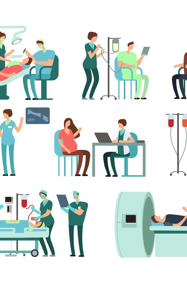 Medical doctors and patients in clinic. Vector people and me