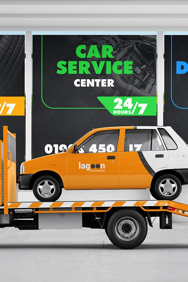 Car On A Tow Truck Near The Car Service Ad Billboards Mockup