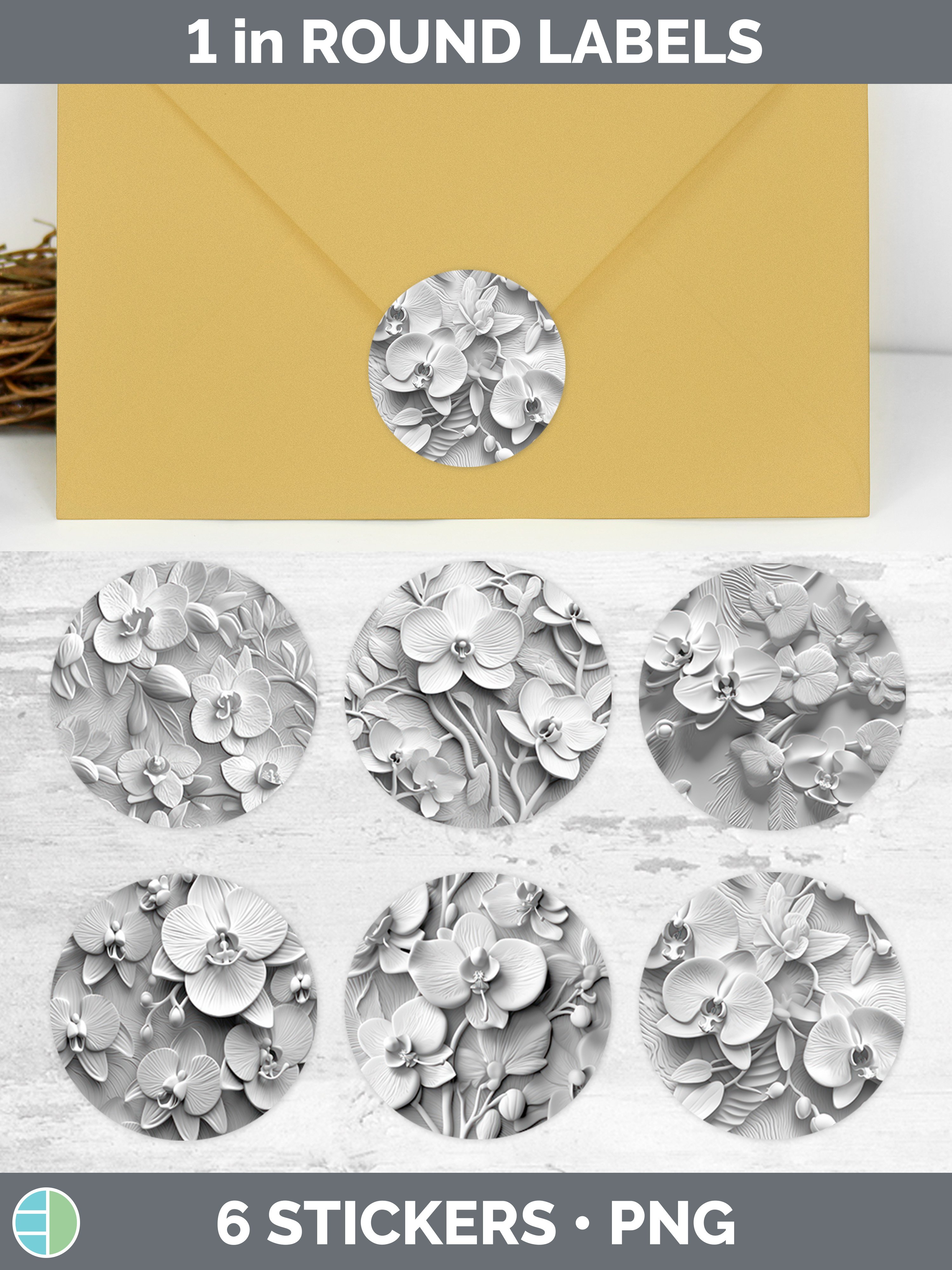 3D White Orchid Flowers Stickers | Round Labels Designs Bund