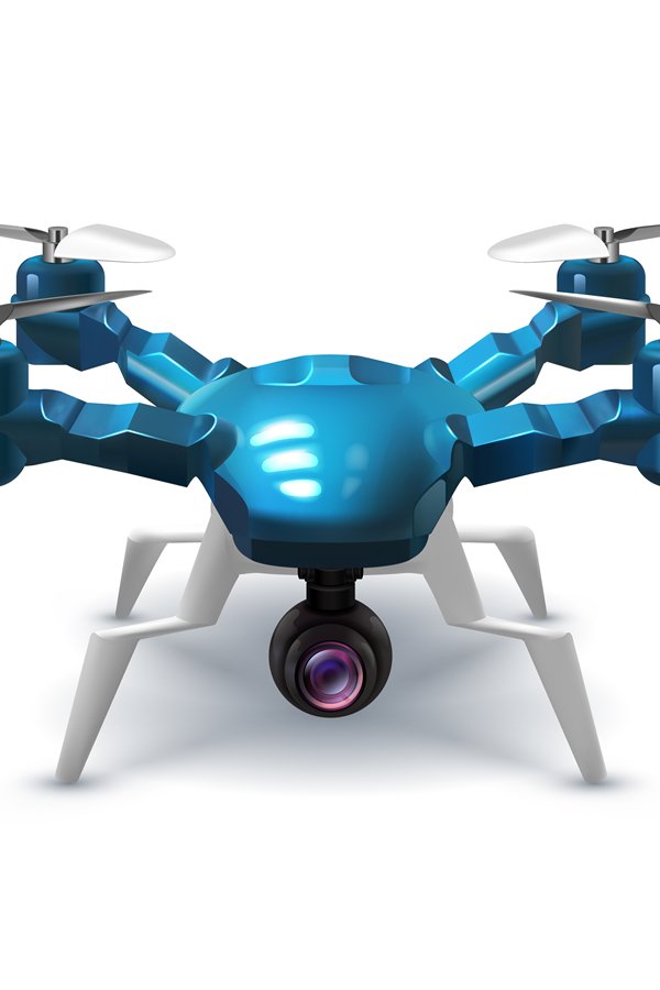 Realistic unmanned drone with recording camera. Copter with