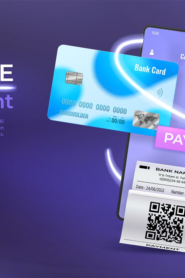 Online payment poster with mobile phone, credit card and bil