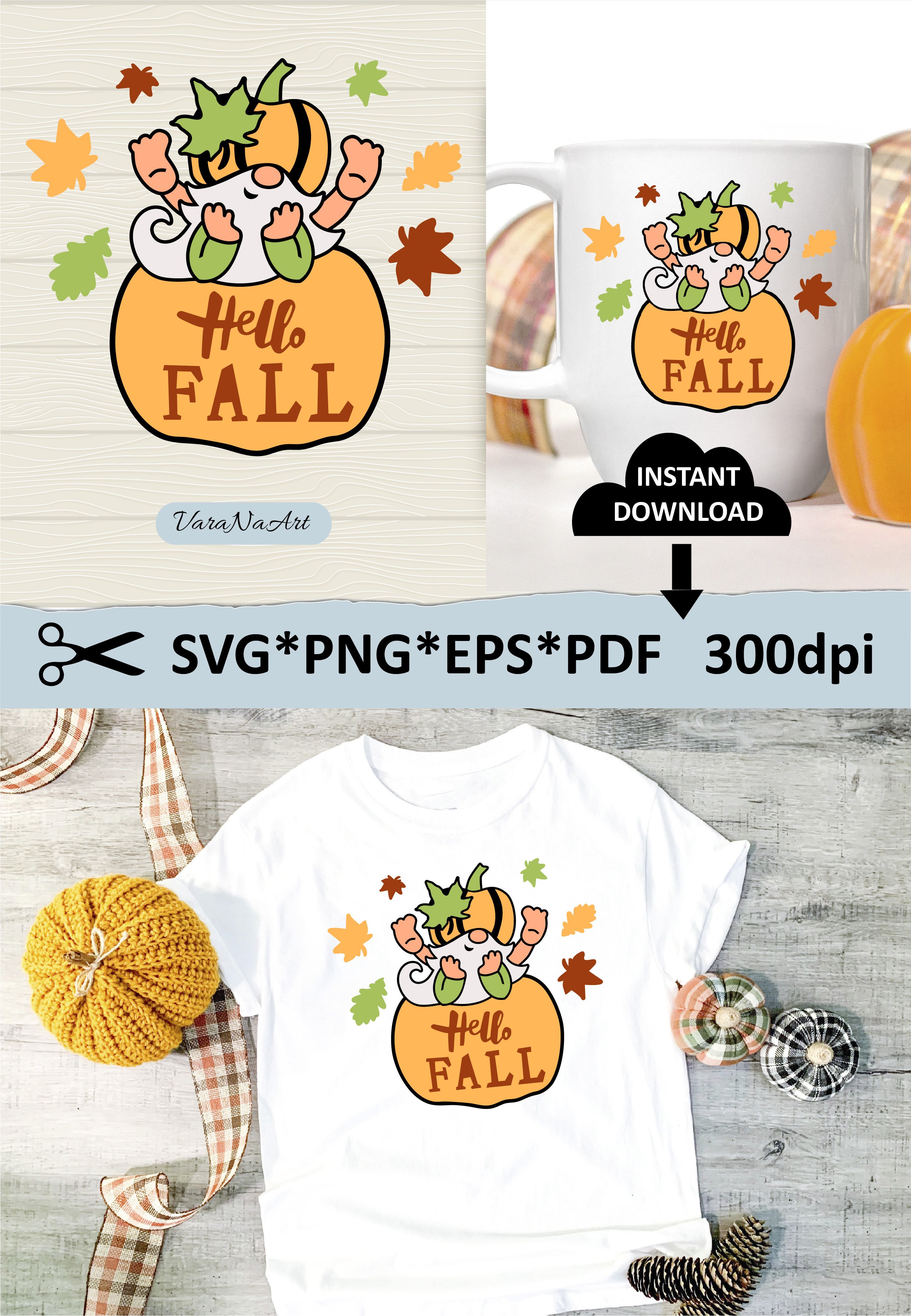 Fall gnome with pumpkin and autumn leaves. Hello Fall.