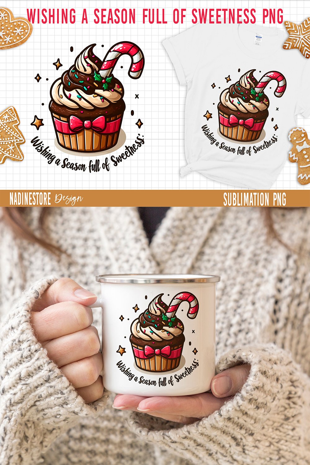 Wishing a season full of sweetness. Christmas cupcake PNG.