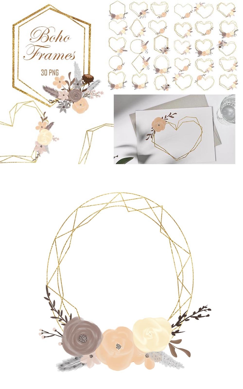 Boho gold floral frame clipart, Flowers, ornament, 30 PNG