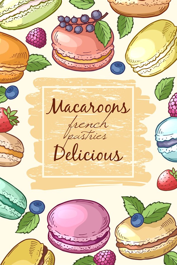 Poster with colored illustrations of macaroons. Background w