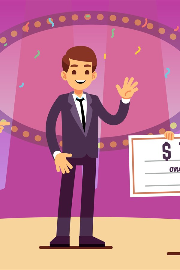 Lottery winner rewarding. Bank cheque prize. Cartoon lucky g