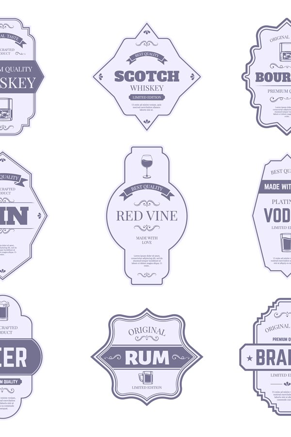 Alcohol bottle labels. Traditional alcohol labels, vintage b