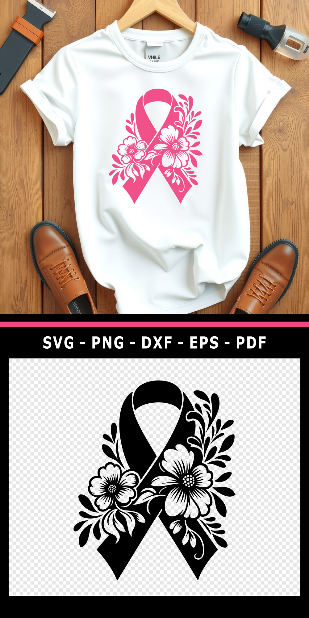 Flowers Breast Cancer Ribbon SVG, Cancer awareness SVG PNG