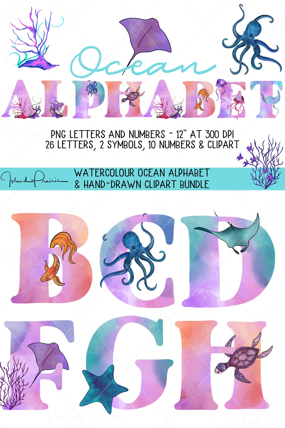 Watercolour Ocean Alphabet and Clipart Bundle