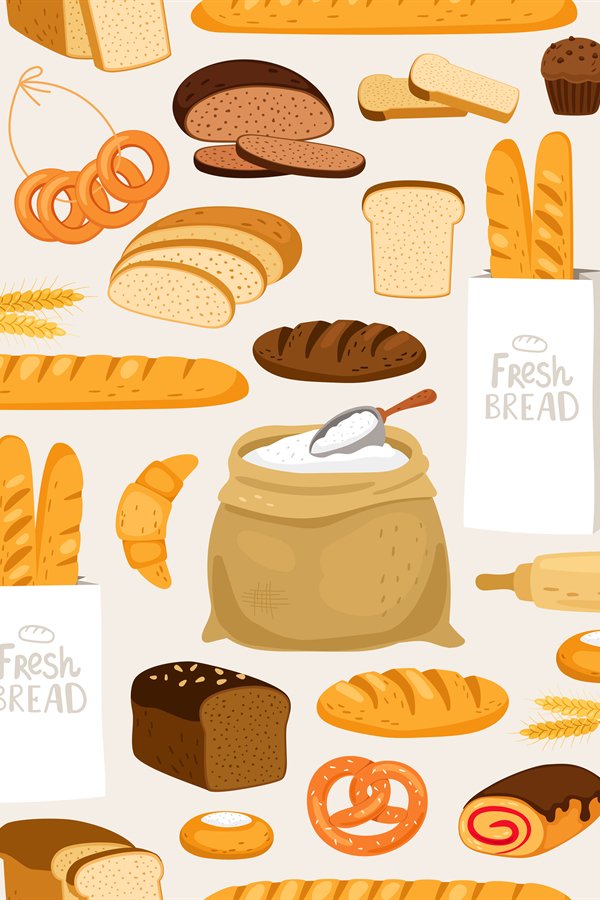 Bakery bread seamless pattern. Cartoon breads products and p