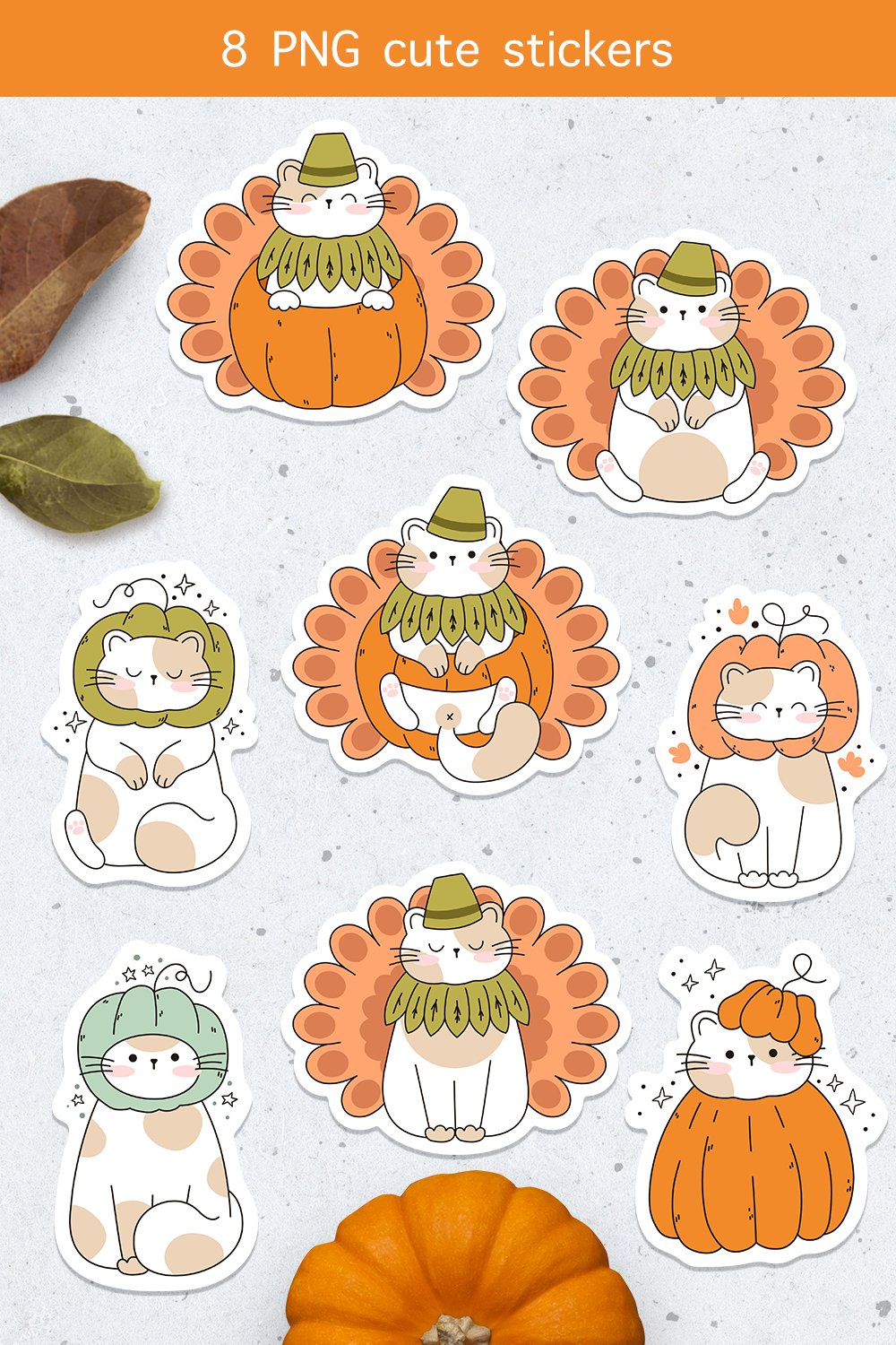 Thanksgiving Cats Kawaii autumn stickers | 9 png printable
