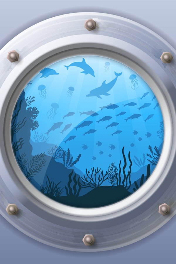 Submarine window view. Porthole round from underwater