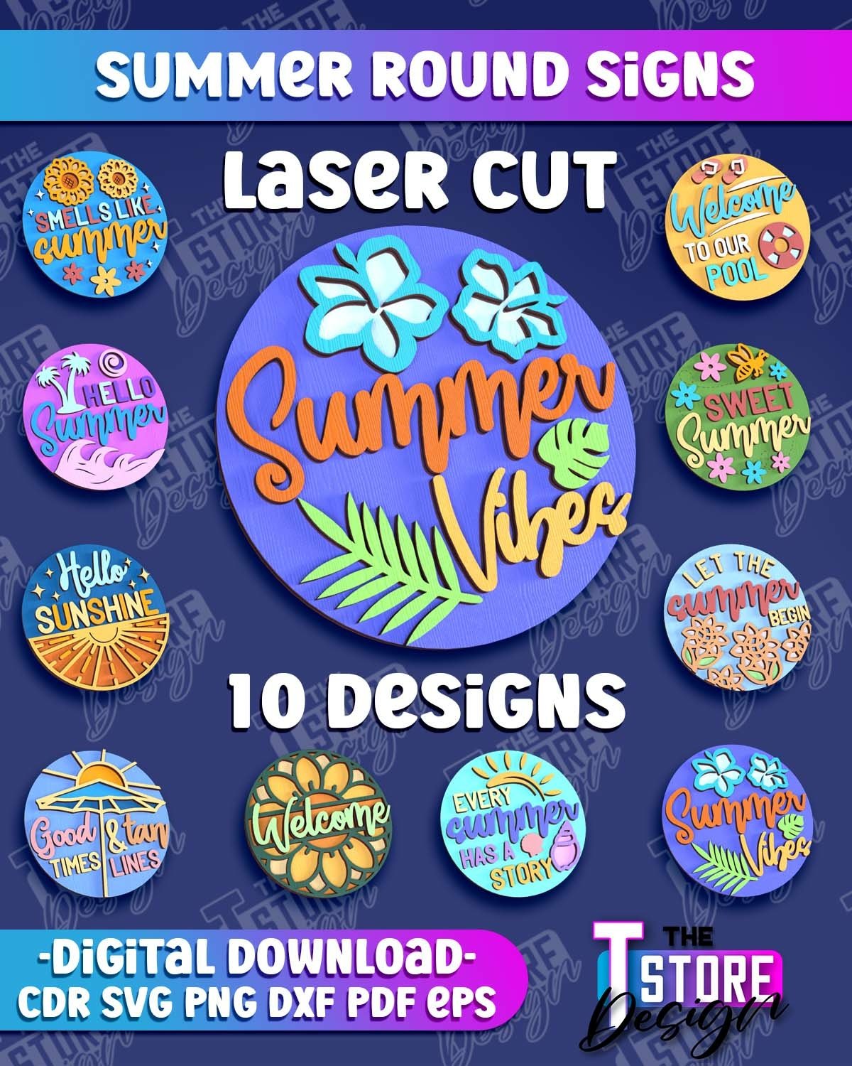 Summer Round Signs Laser Cut Bundle| Summer Door (3680256)