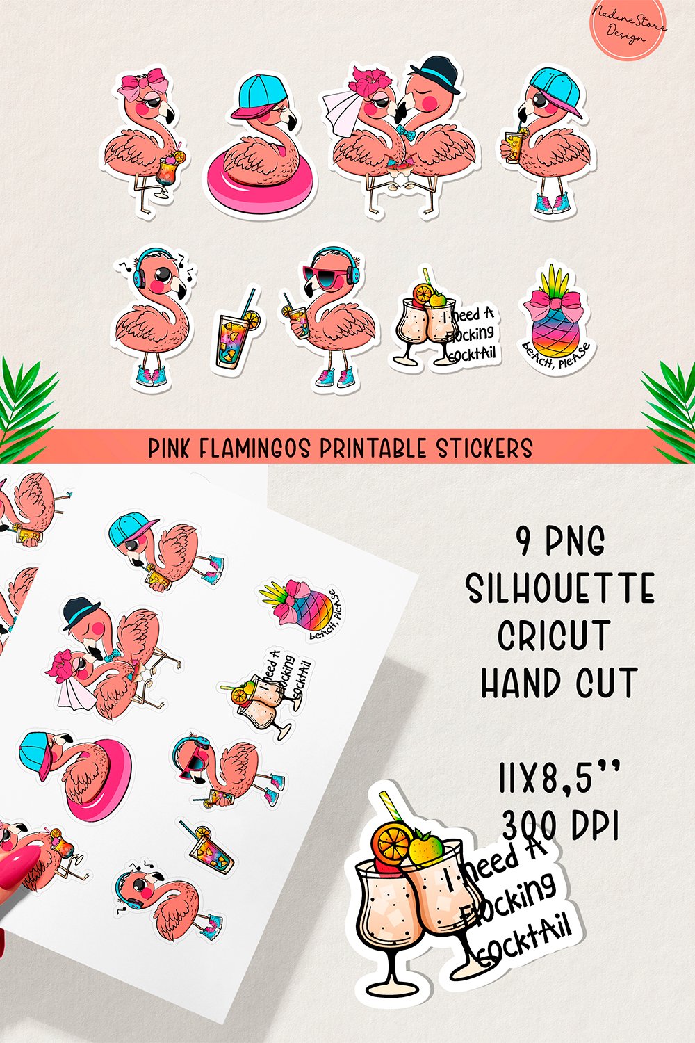 Pink Flamingos printable stickers. PNG.