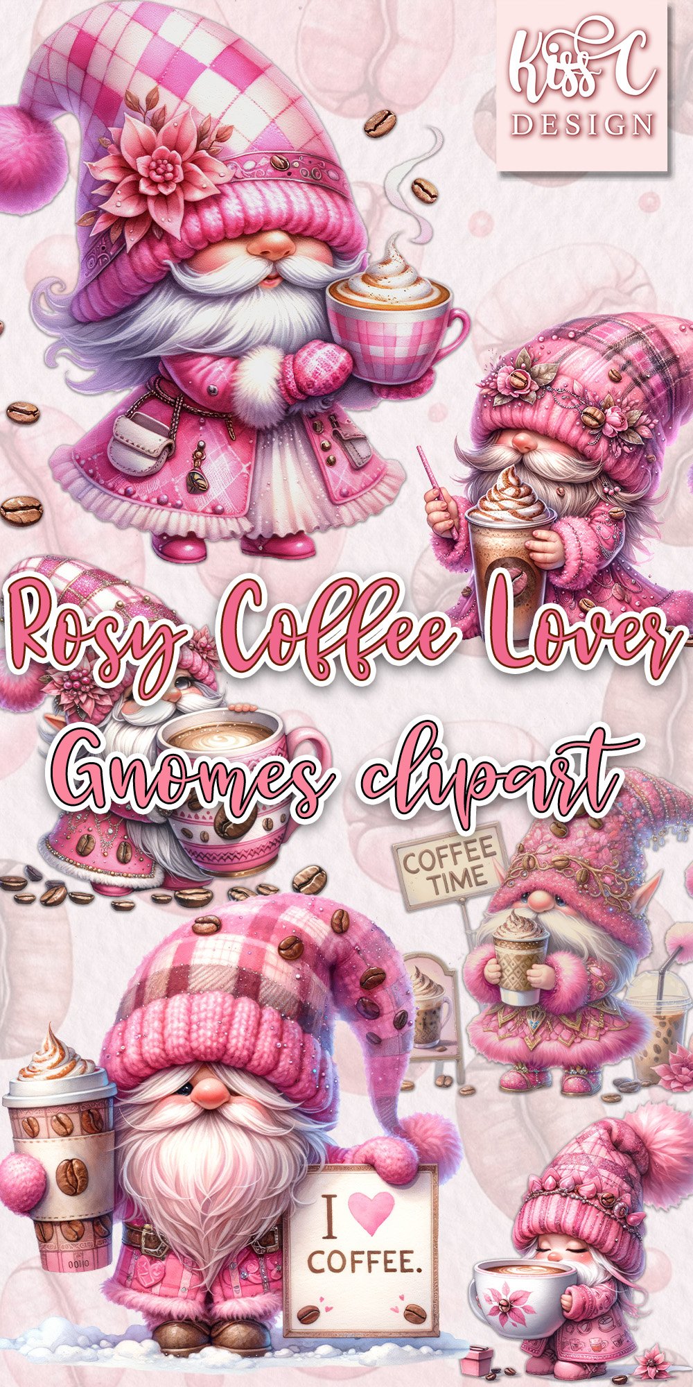 Watercolor Rosy Coffee Lover Gnomes PNG Clipart Collection