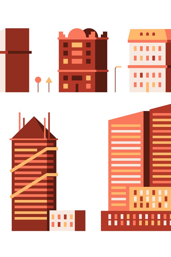 Flat houses. Simple urban buildings minimalism style garish