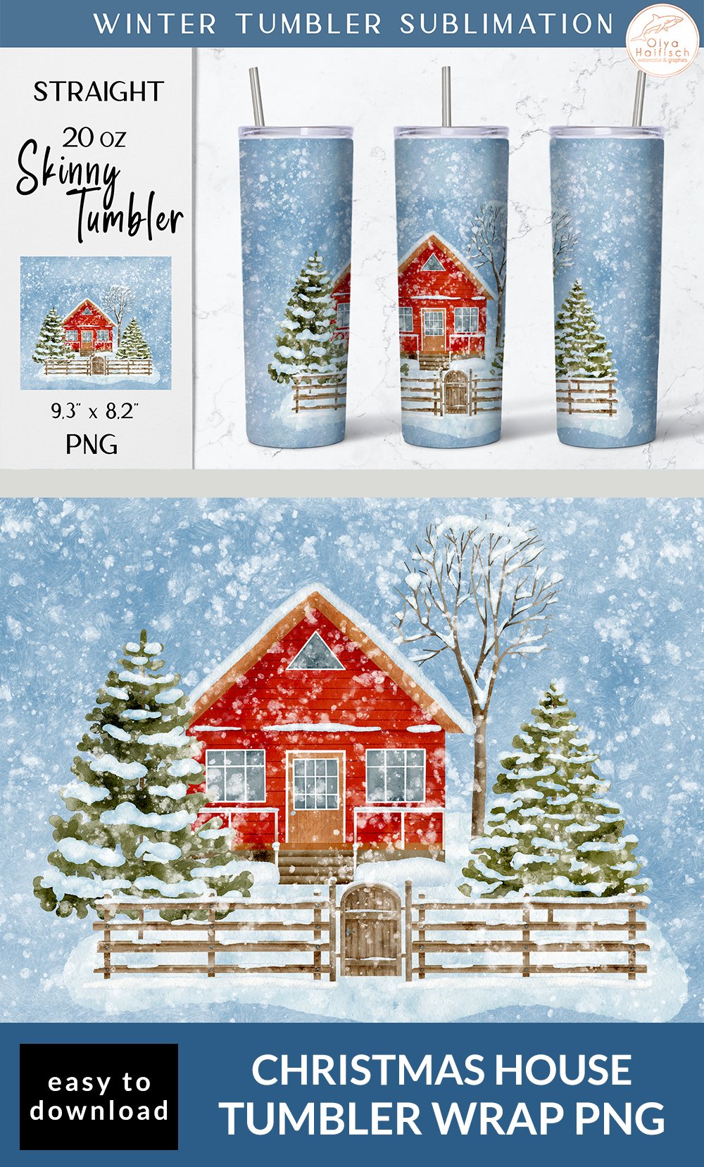 Winter Tumbler Sublimation. Watercolor Snowy House Wrap PNG
