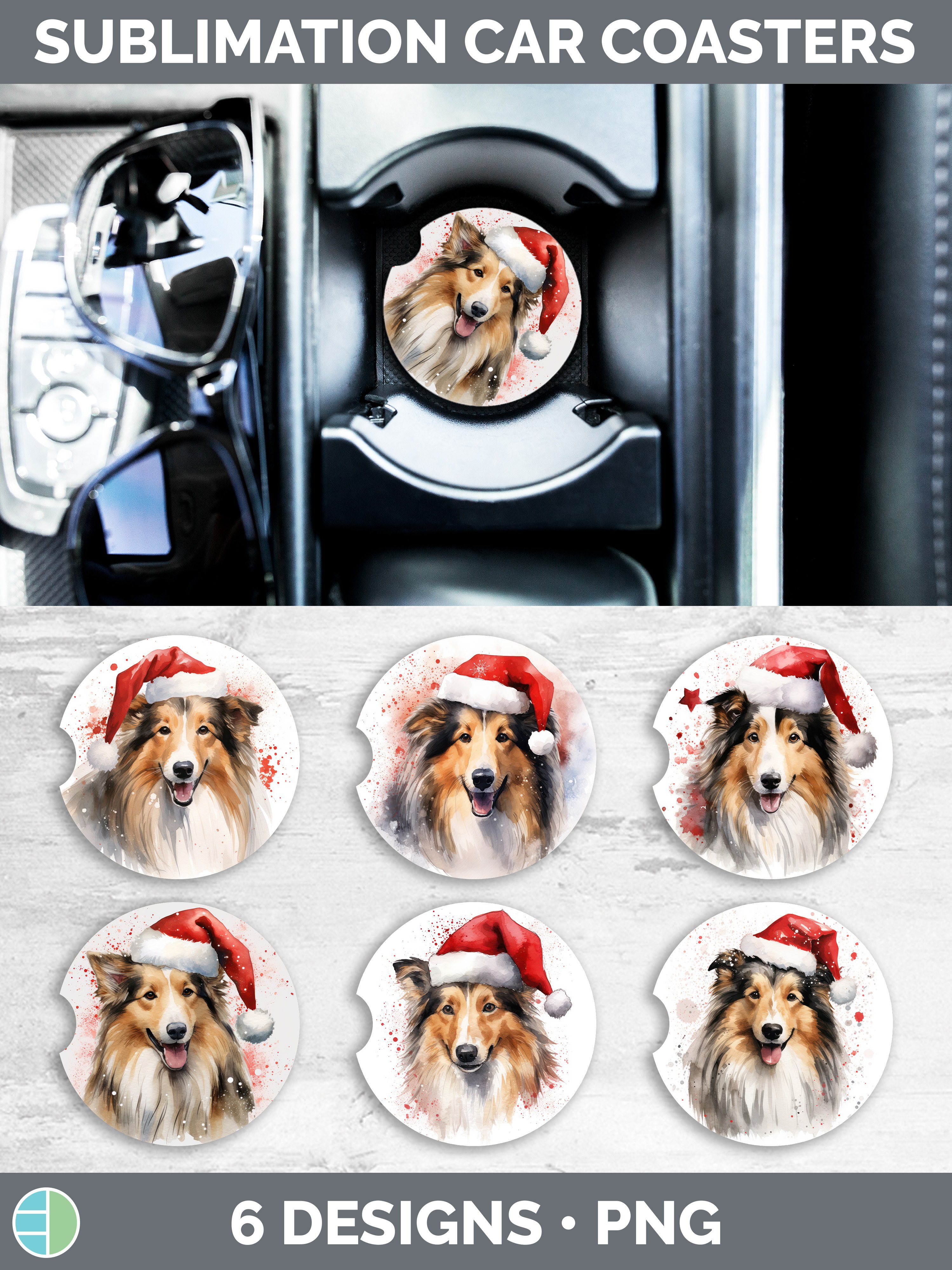 Christmas Santa Hat Rough Collie Dog Car Coaster | Sublimati