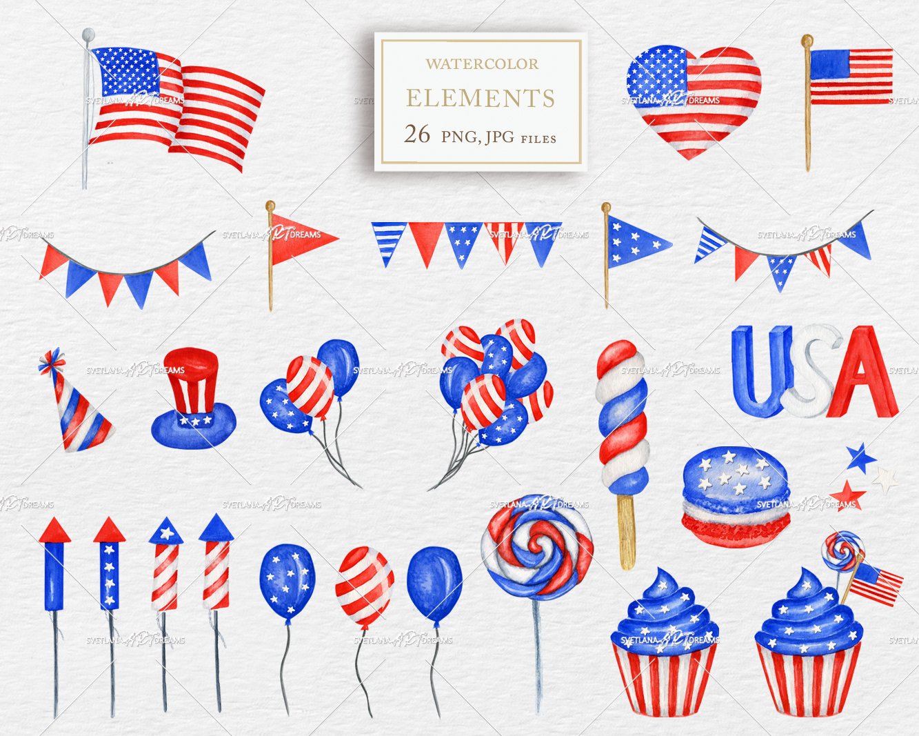 4th of July USA flags clipart. American patriotic watercolor