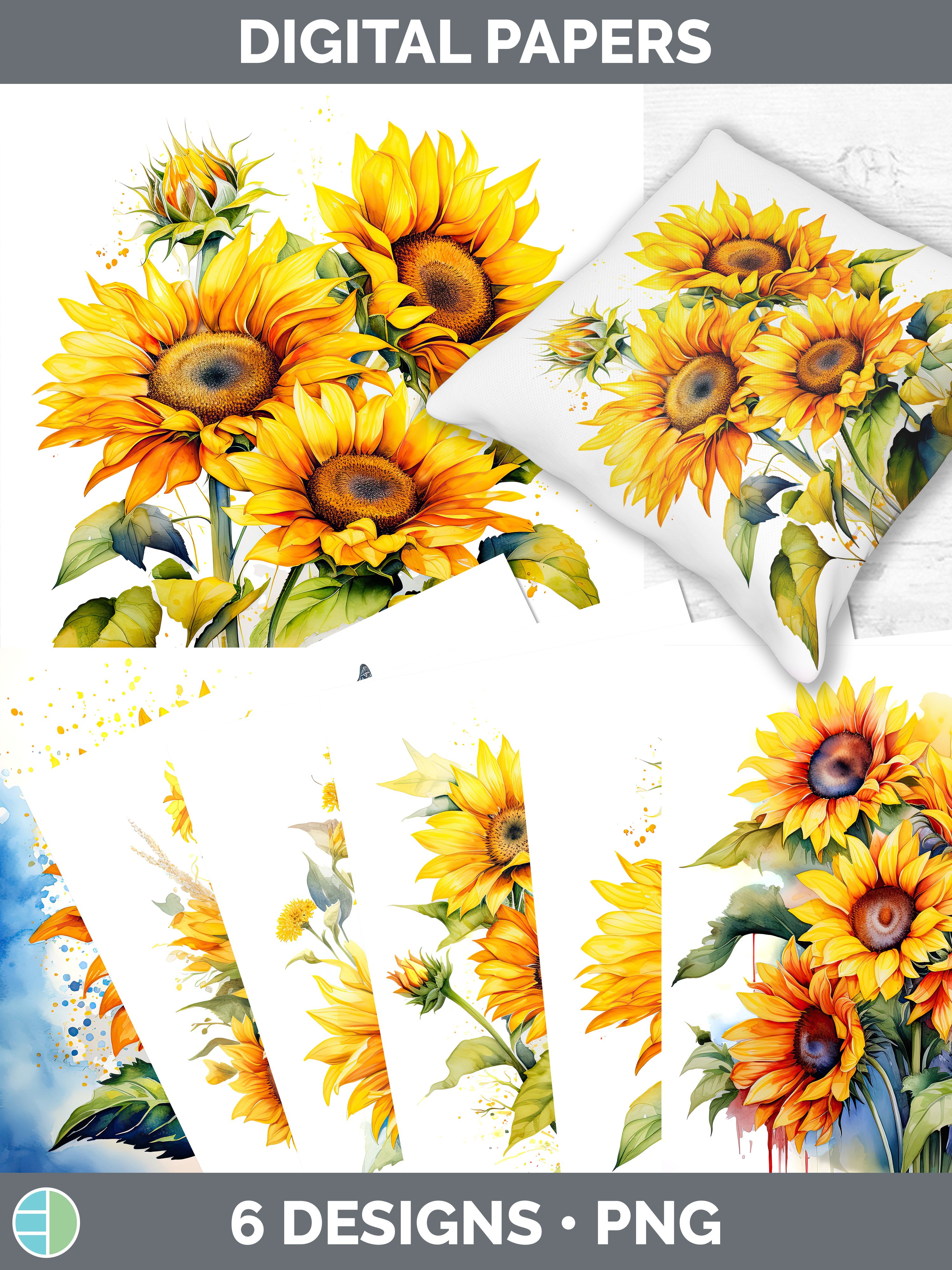 Pretty Sunflower Flowers Paper Backgrounds | Bundle Digital