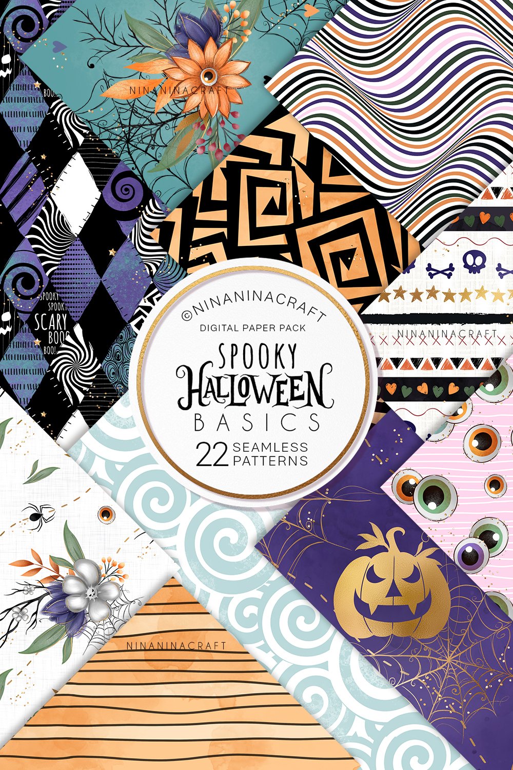 Cute Halloween Seamless Patterns, Spider Web Digital Papers