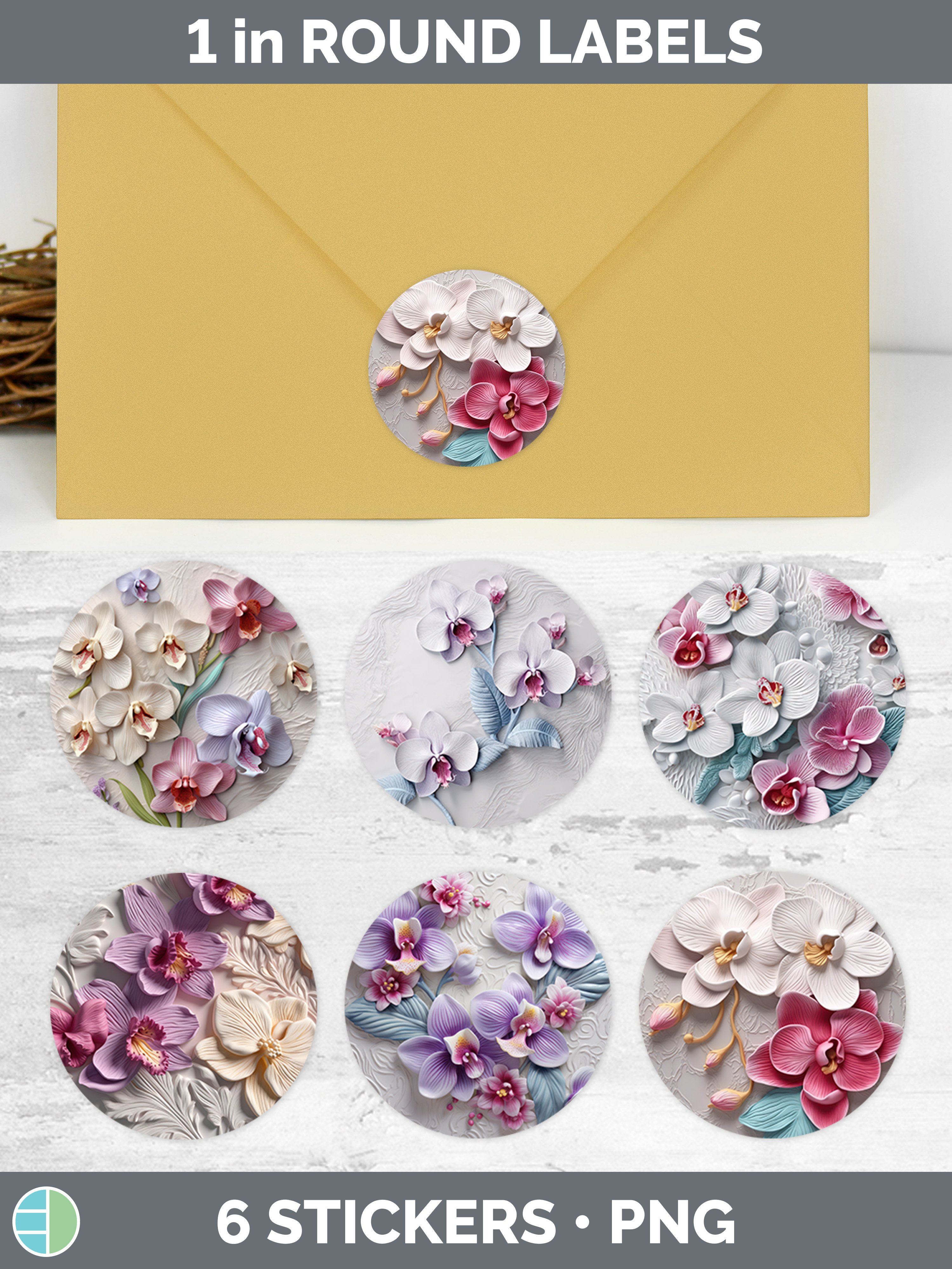 3D Orchid Flowers Stickers | Round Labels Designs Bundle