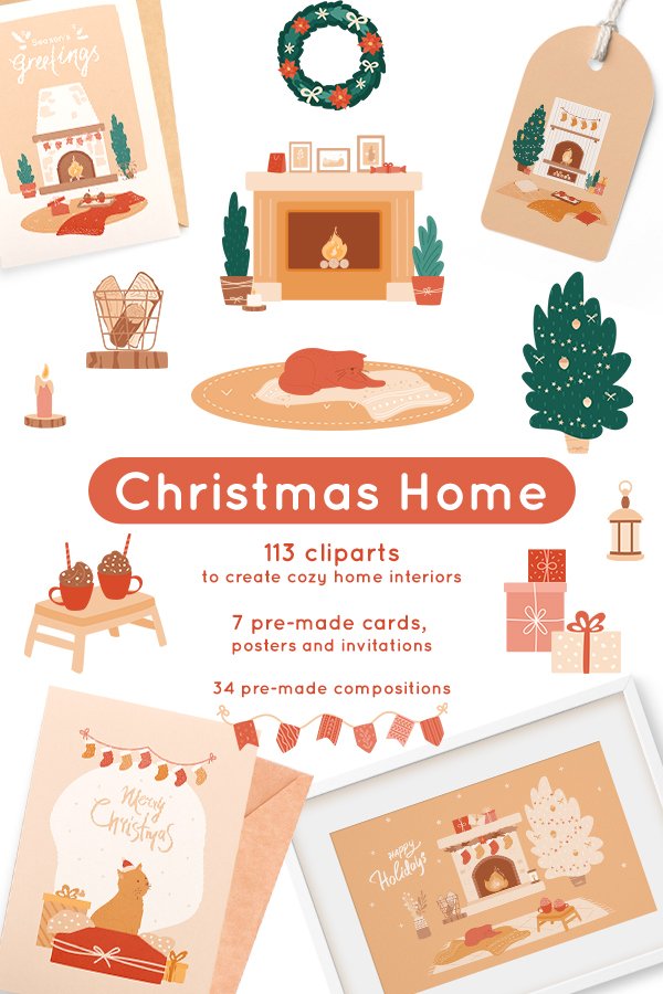 Cozy Christmas Home clipart. Fire place, tree, cat, decor