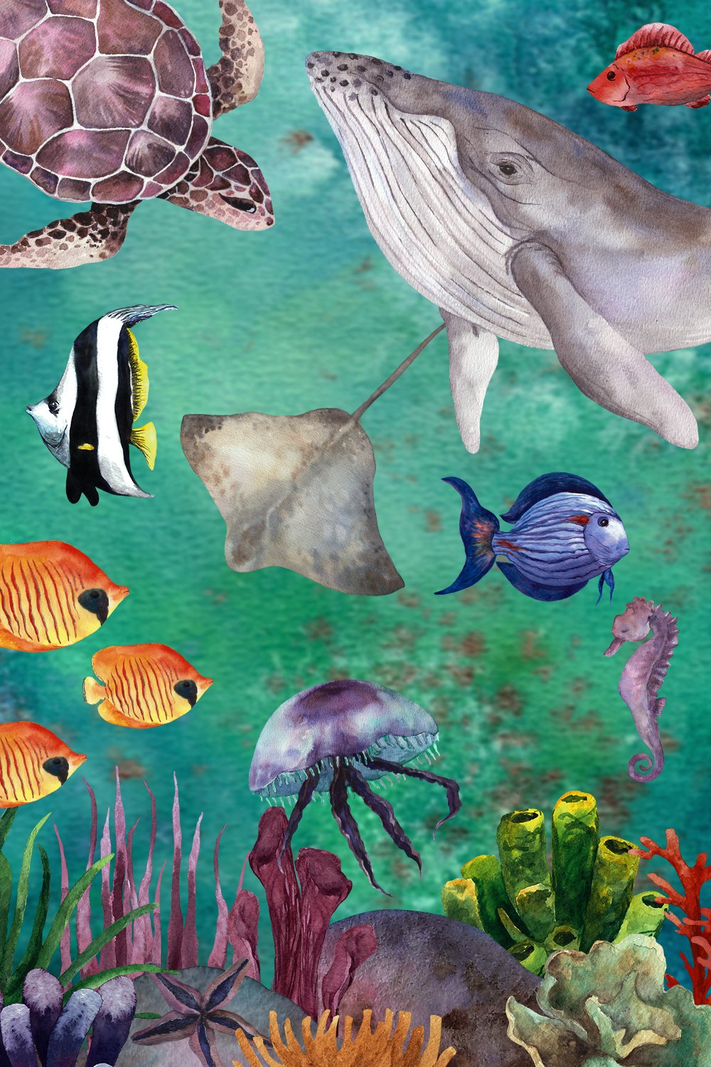 Watercolor Coral Reef Clipart| Sea Animals PNG| Ocean Print