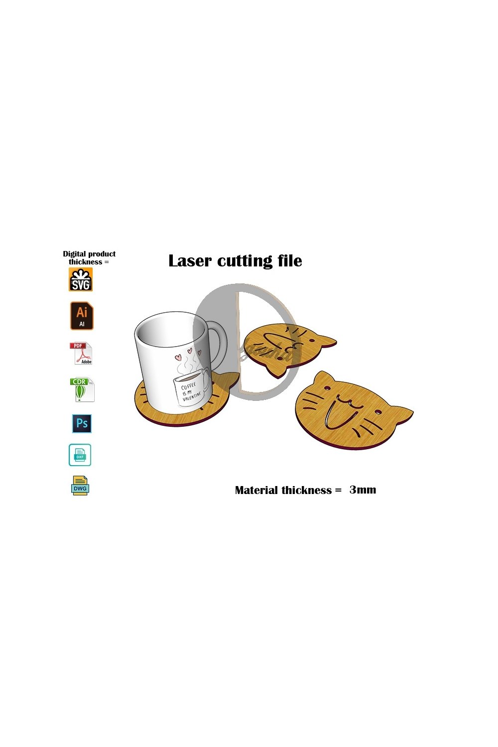 Cat Coaster SVG 3mm - Laser cutting file