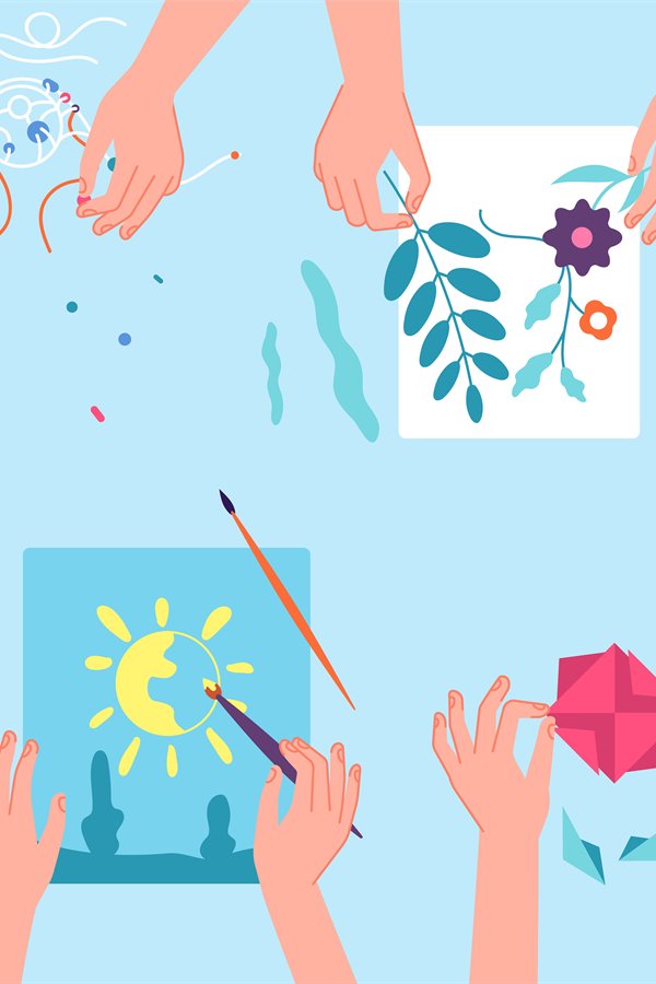 Kids creative lab. Children craft art workshop. Top view des