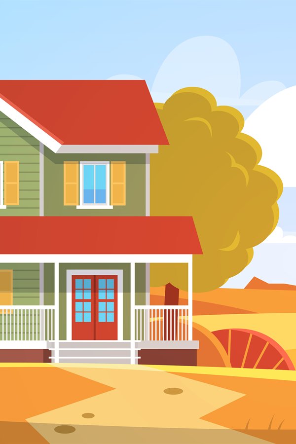 House in autumn. Home in fall landscape, yellow orange folia