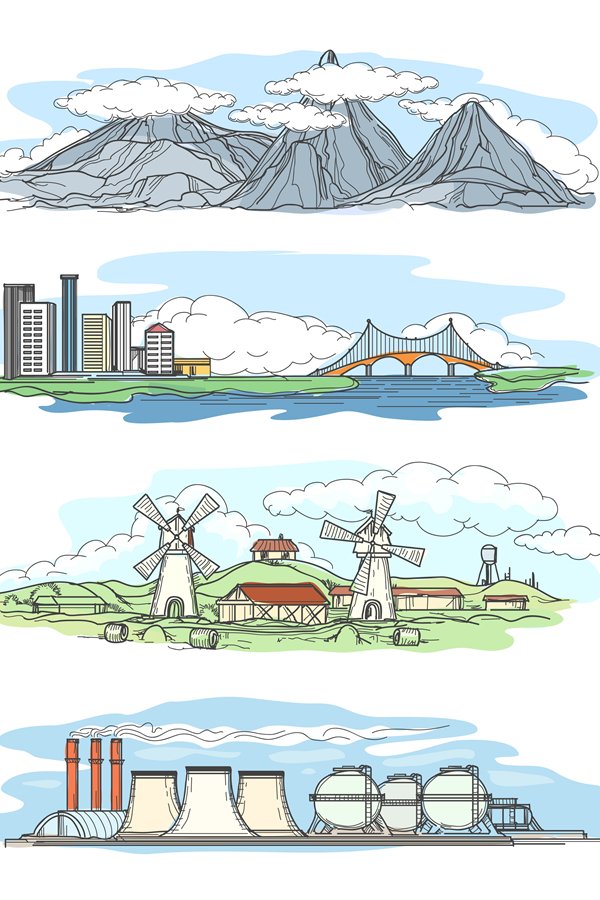 Landscapes in hand drawing style.