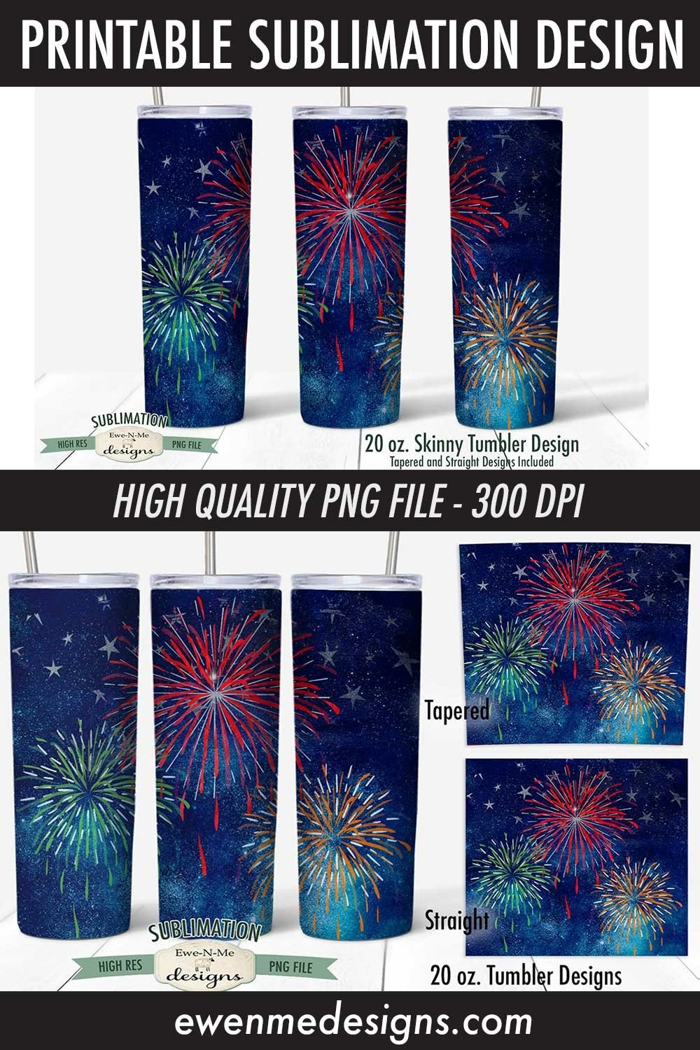 20 oz Tumbler Sublimation Design | Firework Night Sky July 4