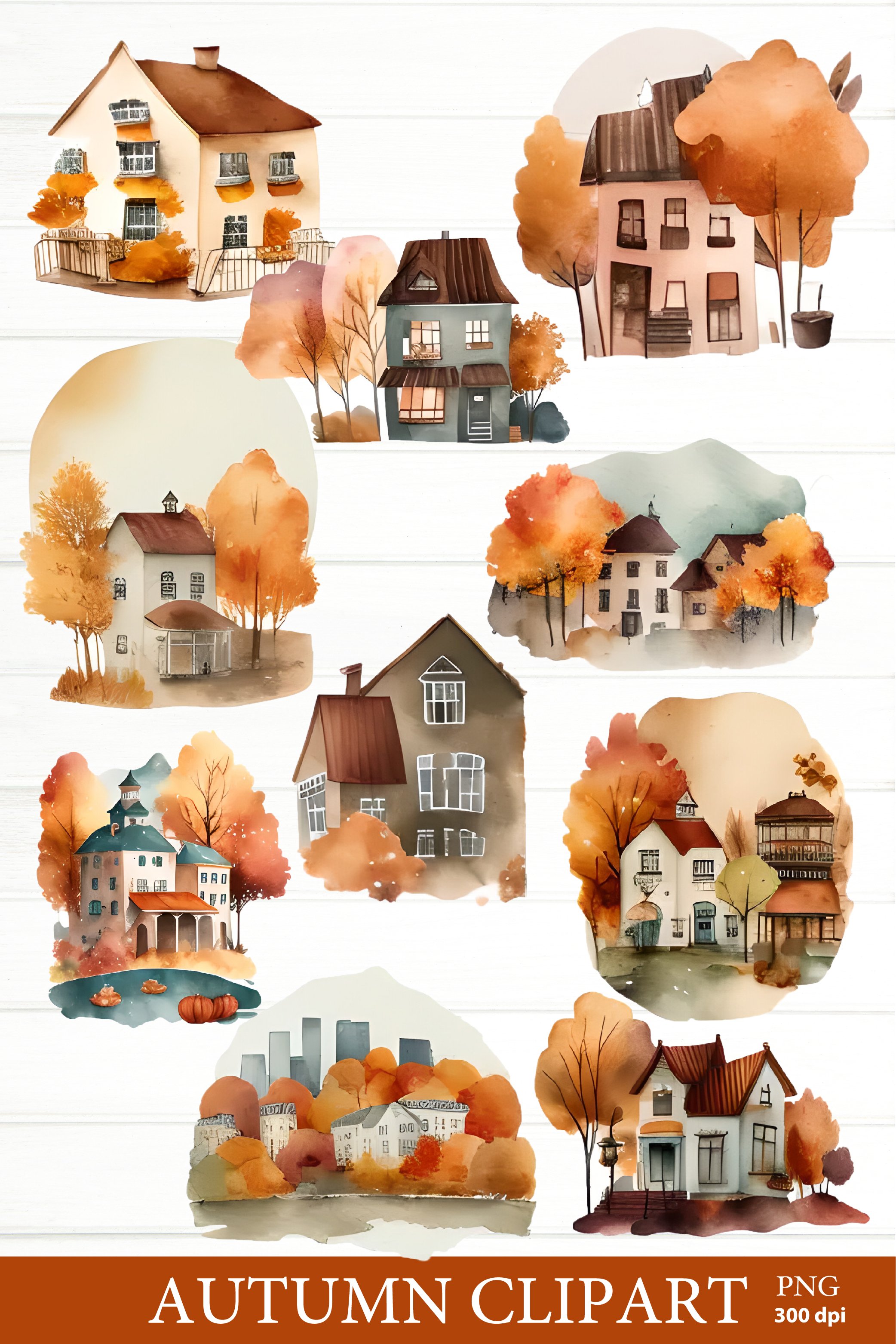 Watercolor Fall City Landscape Clipart. Autumn Clipart PNG