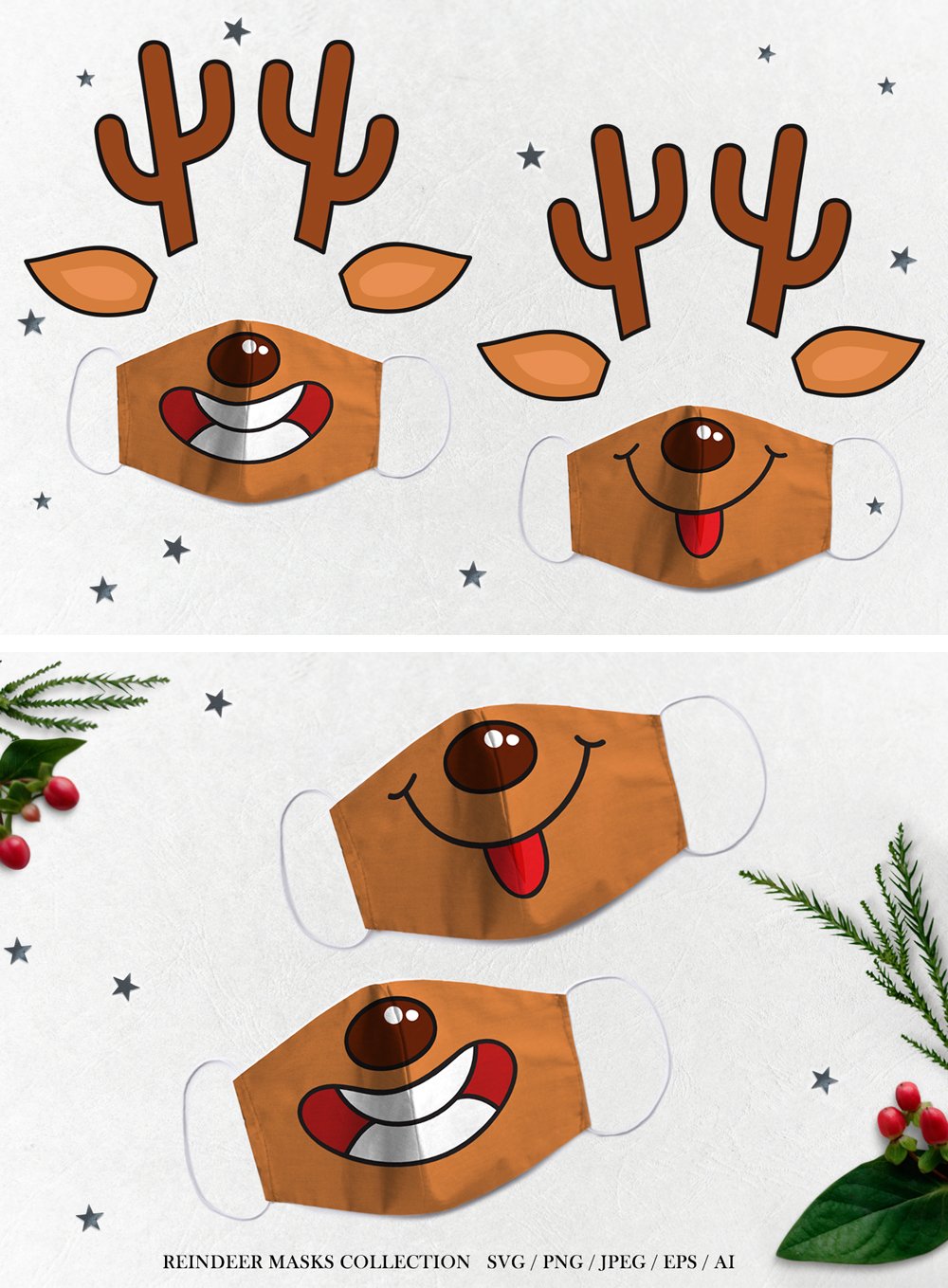 Cute cartoon Christmas reindeer Mask SVG, PNG (1013697)