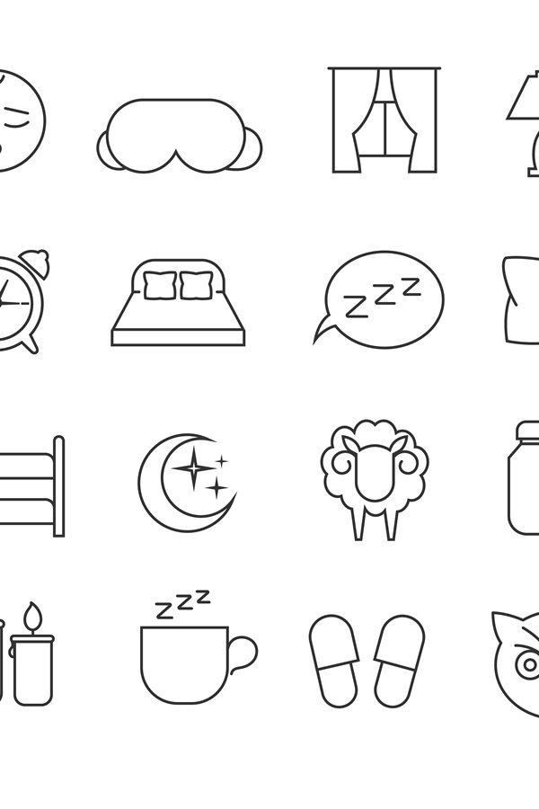 Sleeping bed time rest thin line outline vector icons