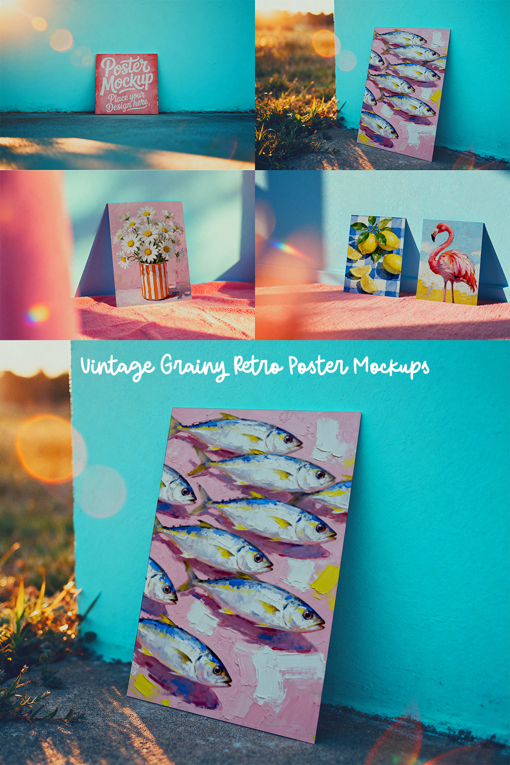Retro Grain Vintage Styled Poster Mockup Set PSD and JPG