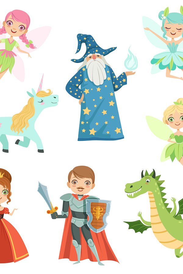 Fairytale characters set in different costumes. Princess, fu