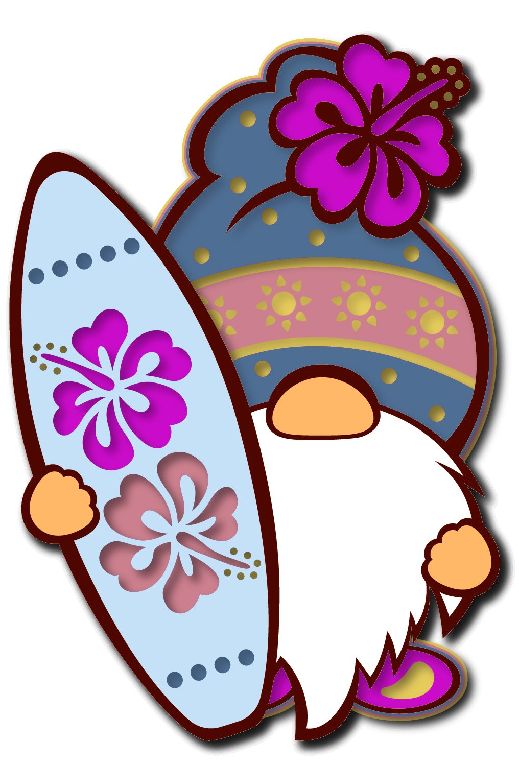 Layered Summer Gnome Mandala with a Surfer svg