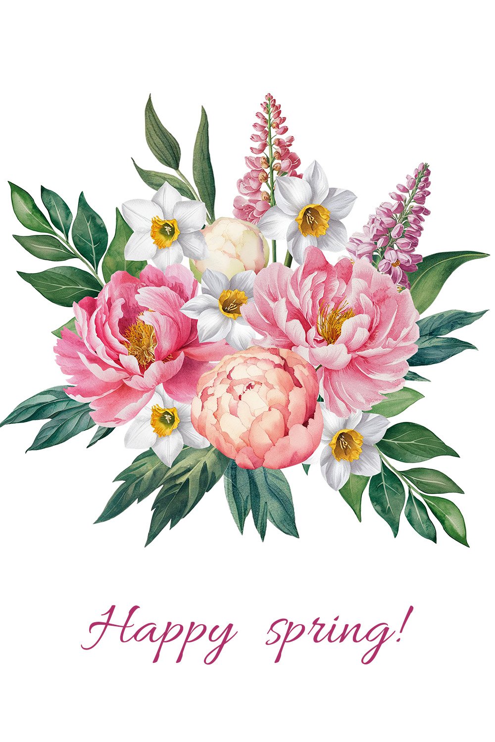 Watercolor bouquet of spring flowers with peonies, daffodils