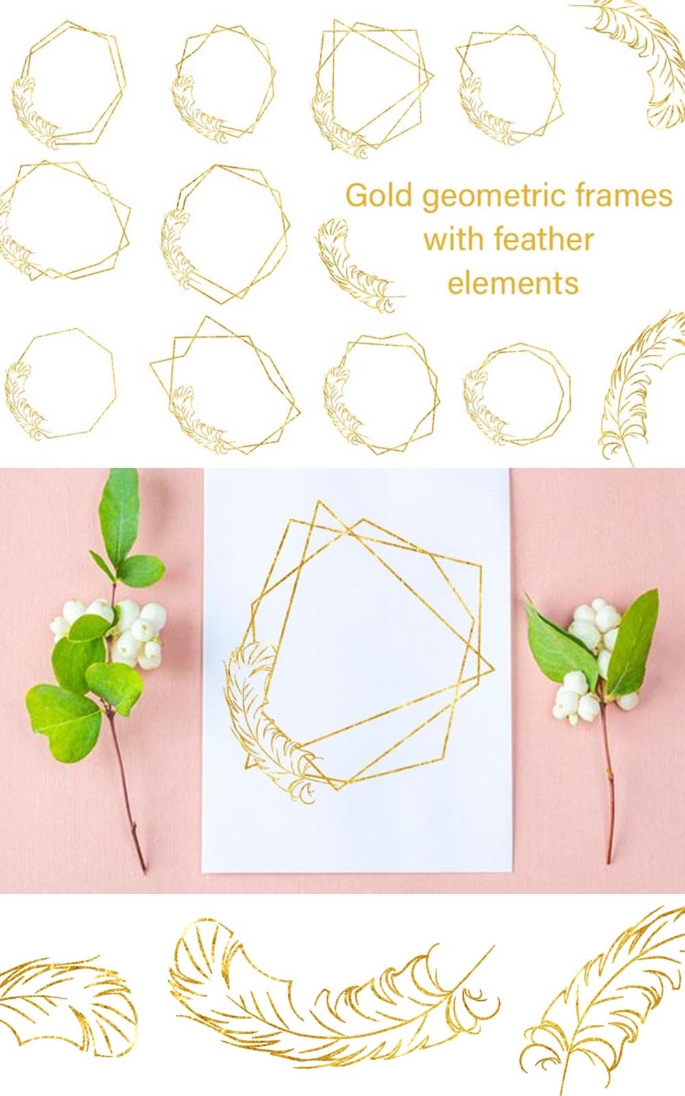 Gold geometric frames with feather elements (2525167)