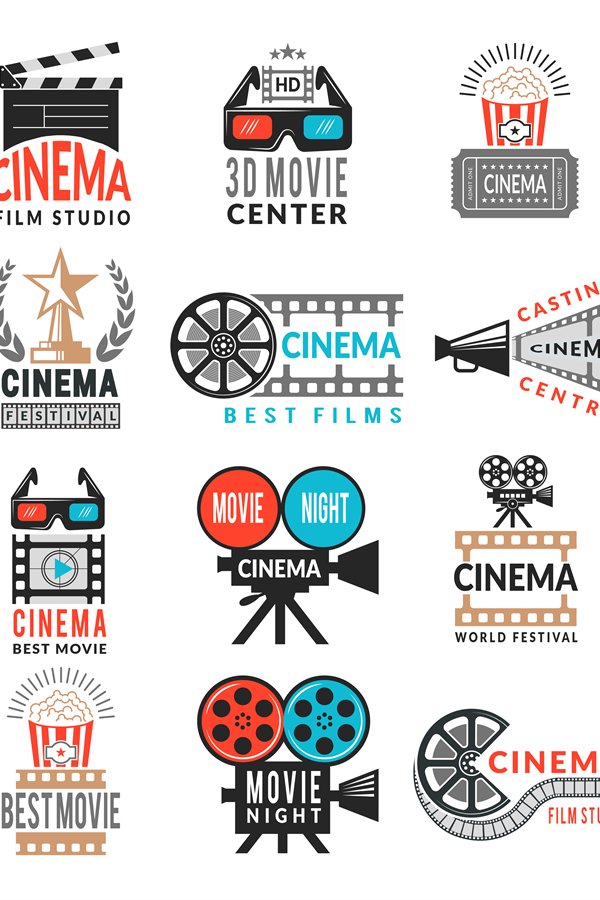 Cinema badges. Movie production symbols camera director chai