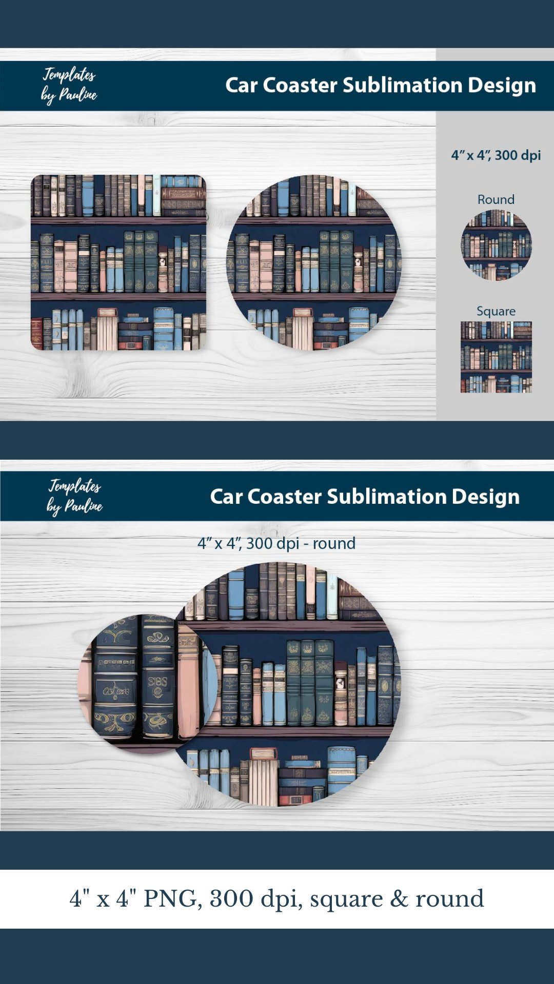 Old Books Car Coaster Sublimation, Bookshelf Design