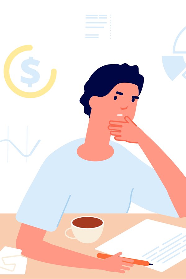 Financial planning. Investments choice, man thinking about m