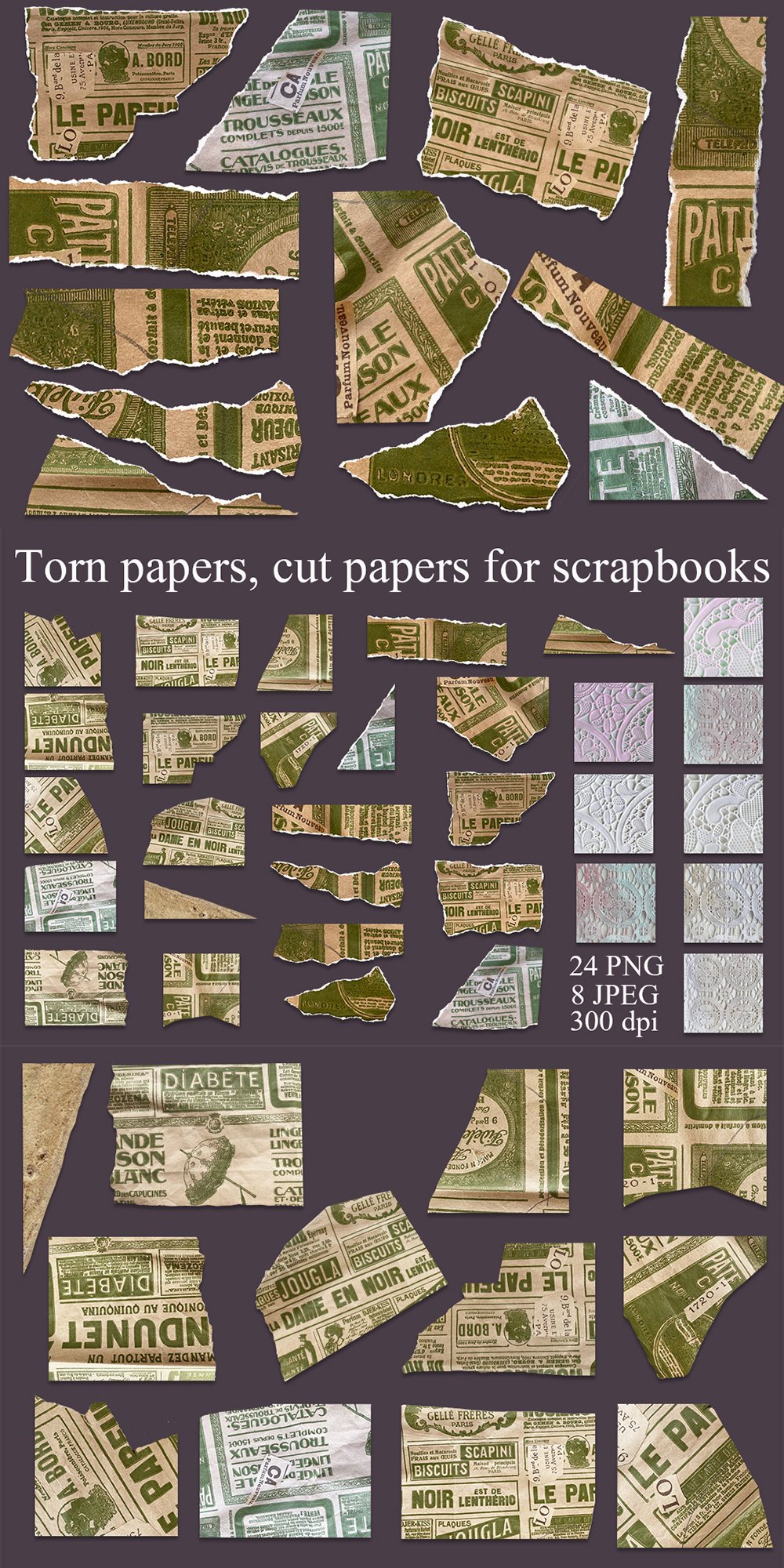 Scraps of paper. Torn and cut scrapbooking paper