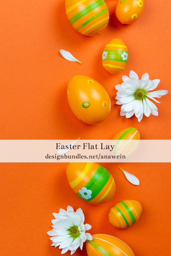 Easter Eggs and Spring Flowers Flat Lay Mockup Background.