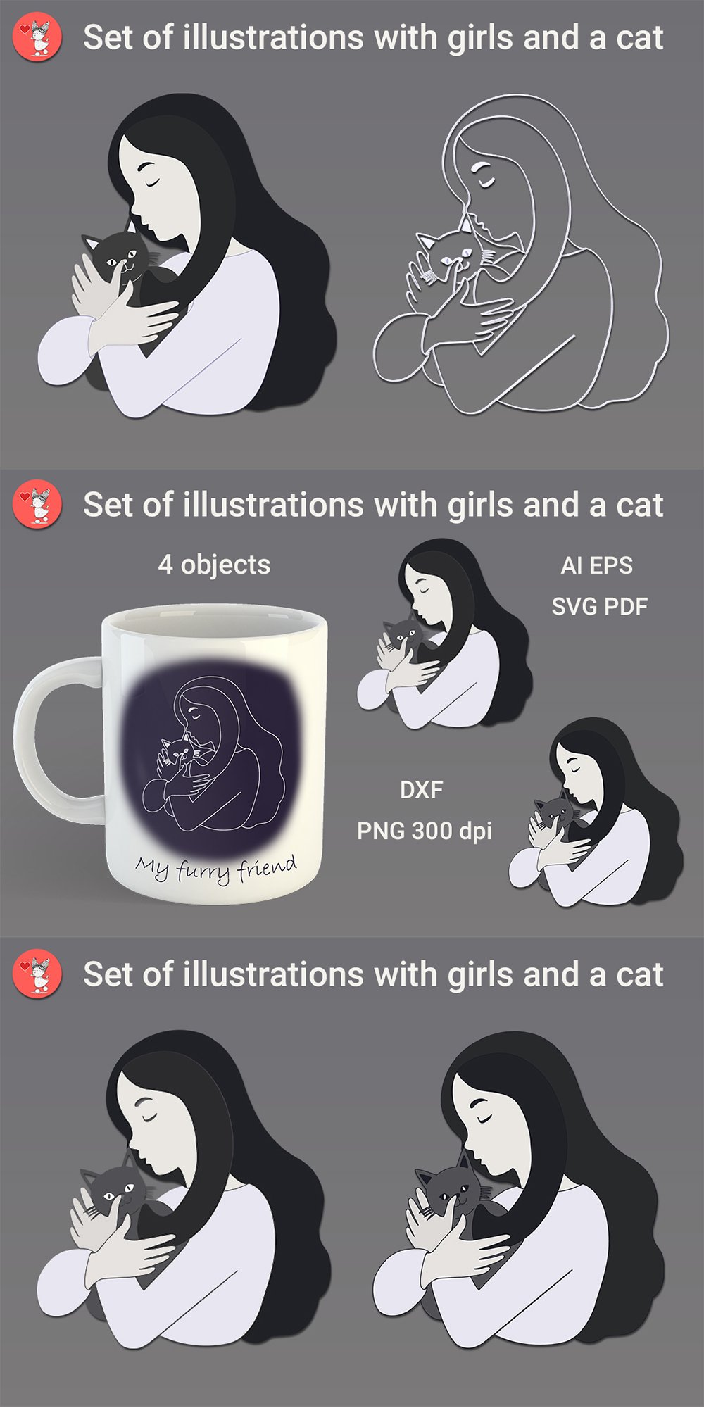 Set of illustrations with girls and a cat