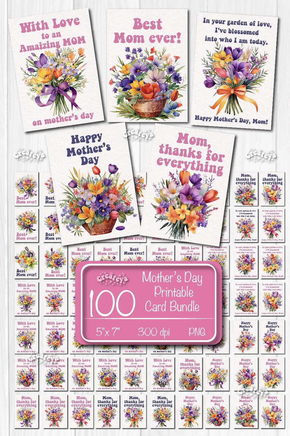 Mother’s Day card PNG Printable Bundle Watercolor Flower PNG
