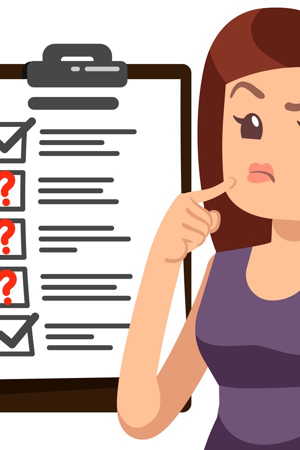 Testing woman illustration. Cartoon character girl checklist